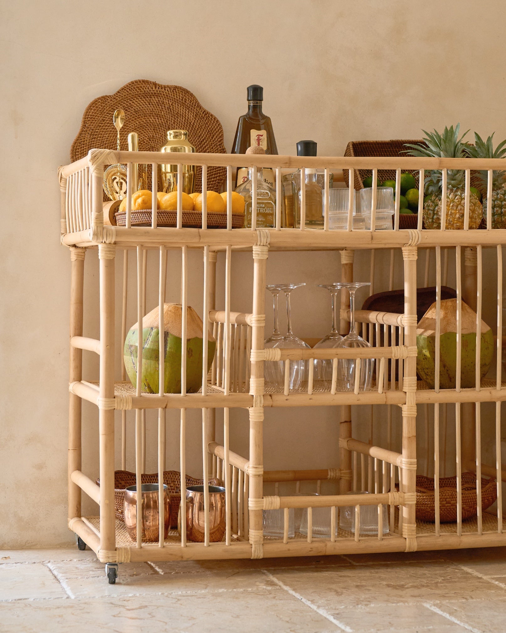 Balian XL Box Shelves Rattan Bar Cart Console Trolley | Rattan ...